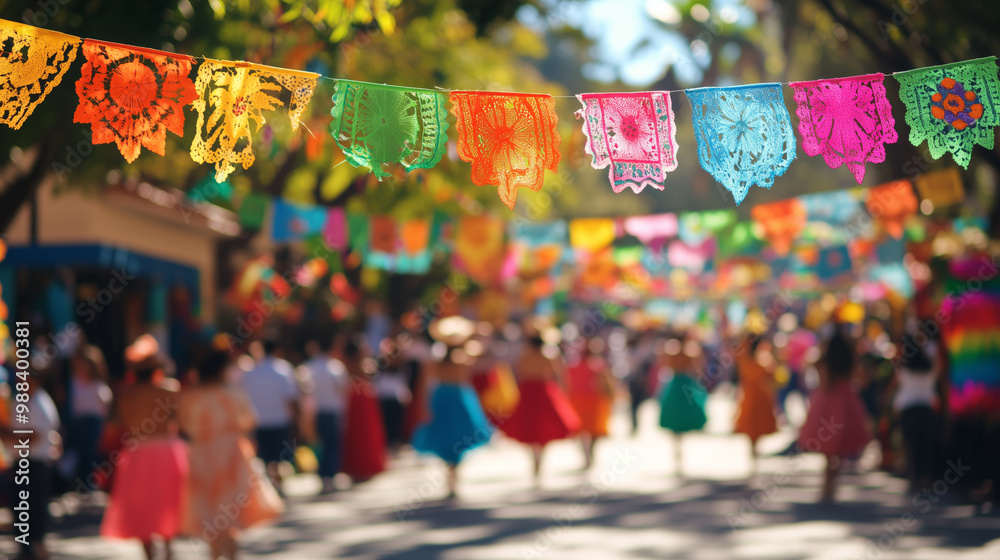 A lively street scene from a Hispanic festival with brightly colored ...