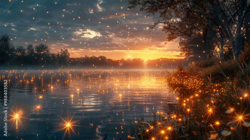 A romantic evening under the stars, where fireflies create a luminous ...