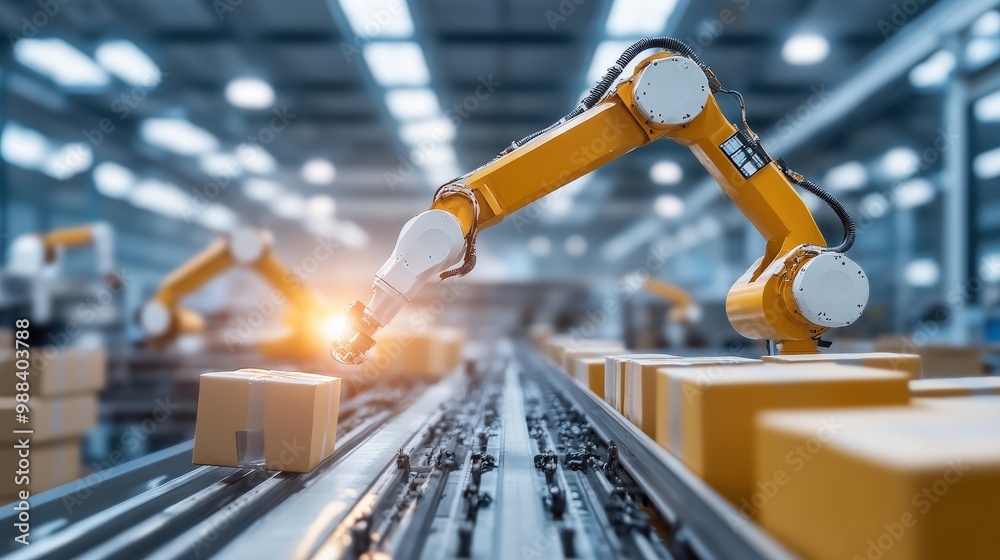 Robotic arm inspecting a product on a factory conveyor belt, automated ...