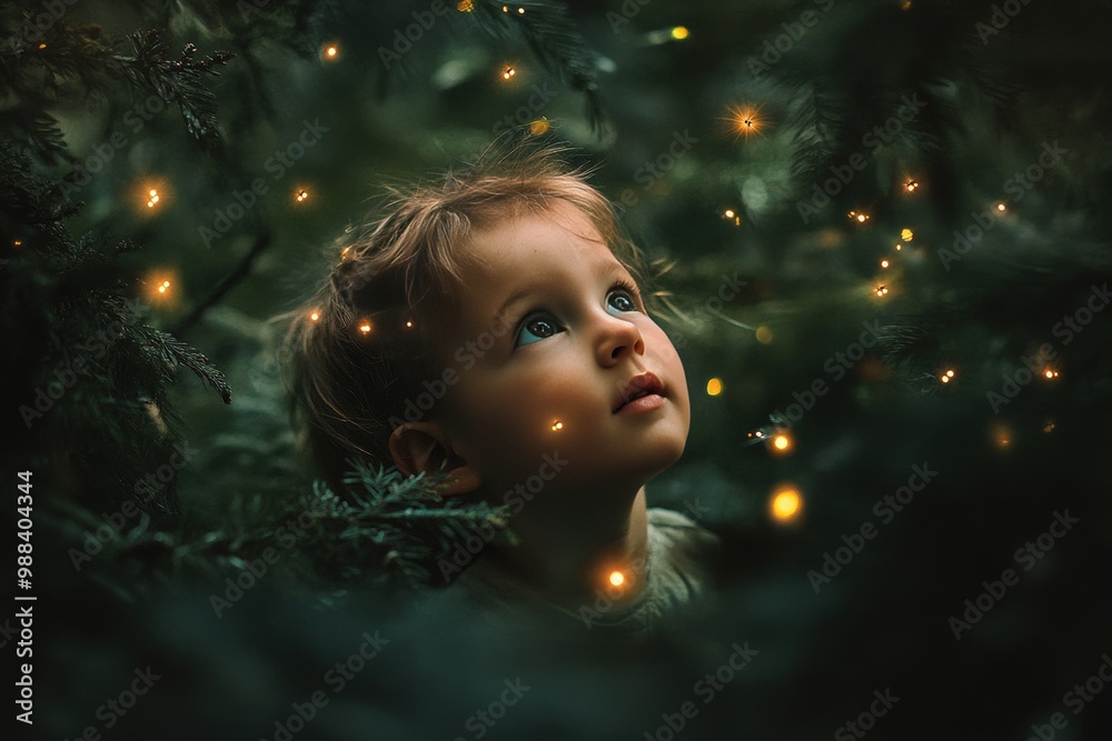 A child exploring a forest, surrounded by towering trees and sparkling ...