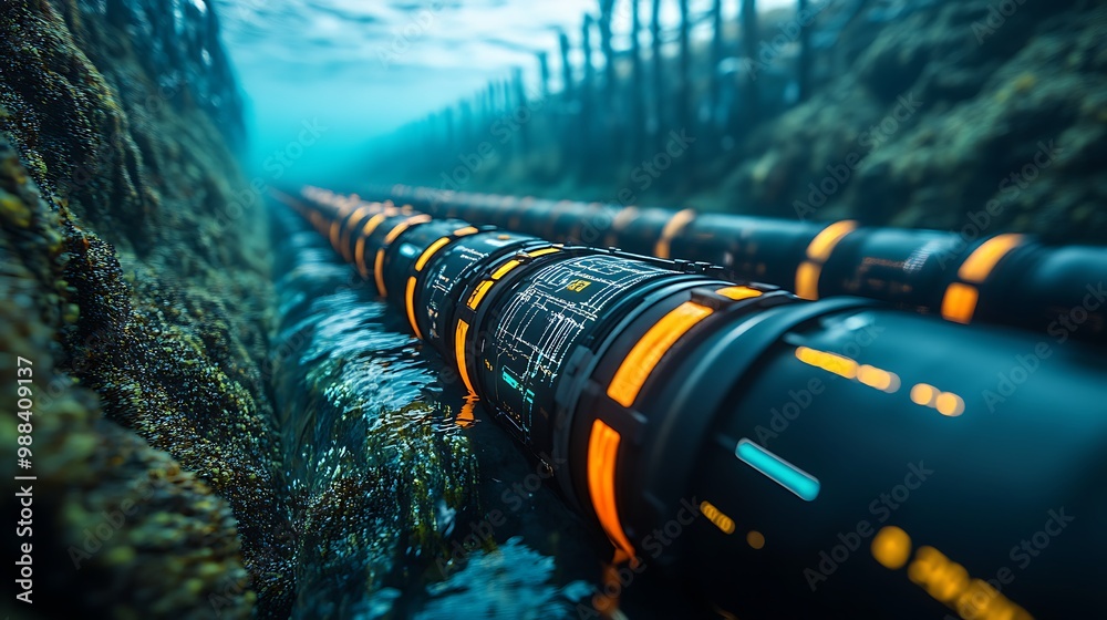 Image of a fiber-optic cable running along the ocean floor, with a ...