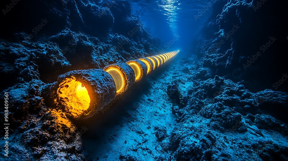 Underwater view of a fiber-optic cable stretching across the seabed ...