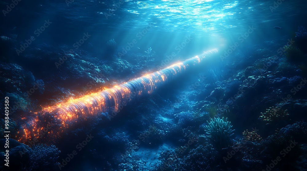 Underwater view of a fiber-optic cable stretching across the seabed ...