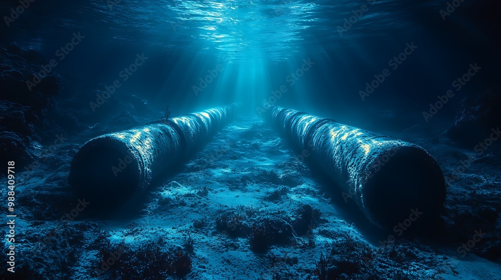 Underwater view of a fiber-optic cable stretching across the seabed ...