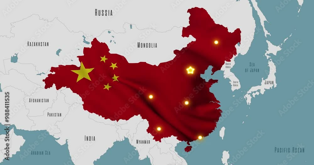 Map of China in the colors of national flags. The capital and major ...