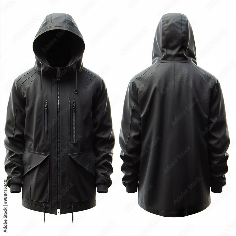 black raincoat, front and back view, isolated image, realistic style ...