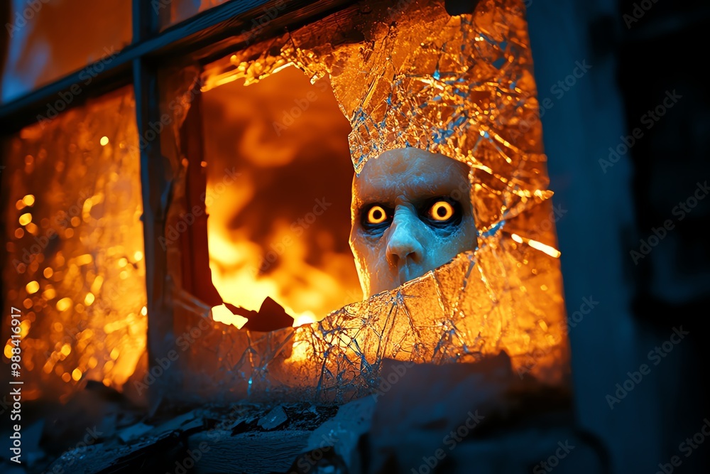 Haunted house window, with a ghostly face staring out through the ...