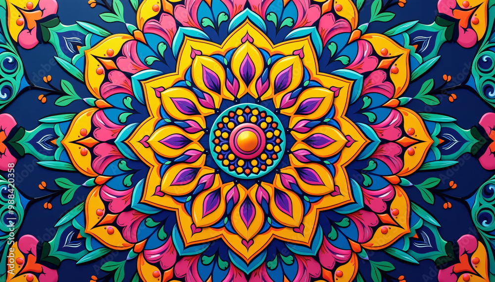 Mandala design with bright colors and detailed Indian spiritual symbols ...