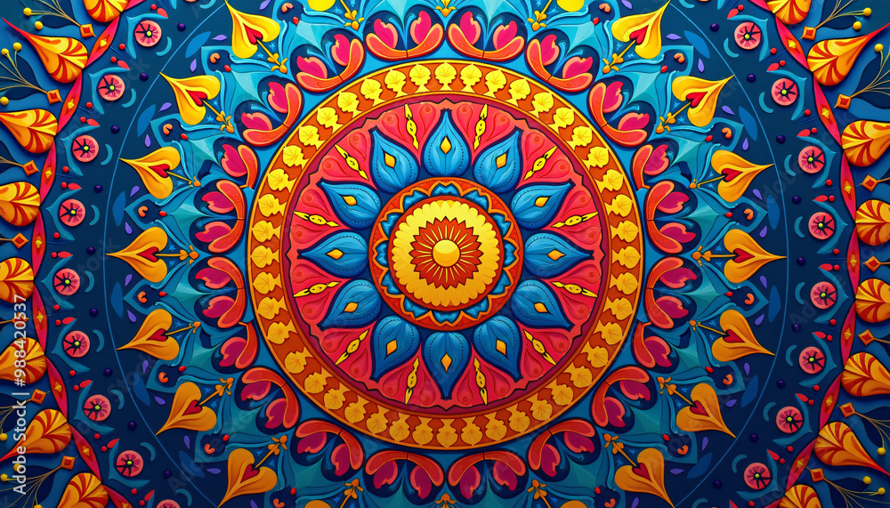 Mandala design with bright colors and detailed Indian spiritual symbols ...