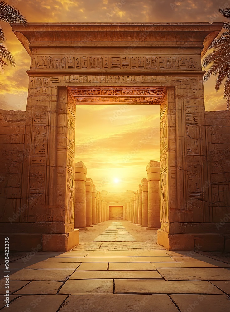 Ancient Egyptian Temple Gateway with Columns and Sunset Stock ...