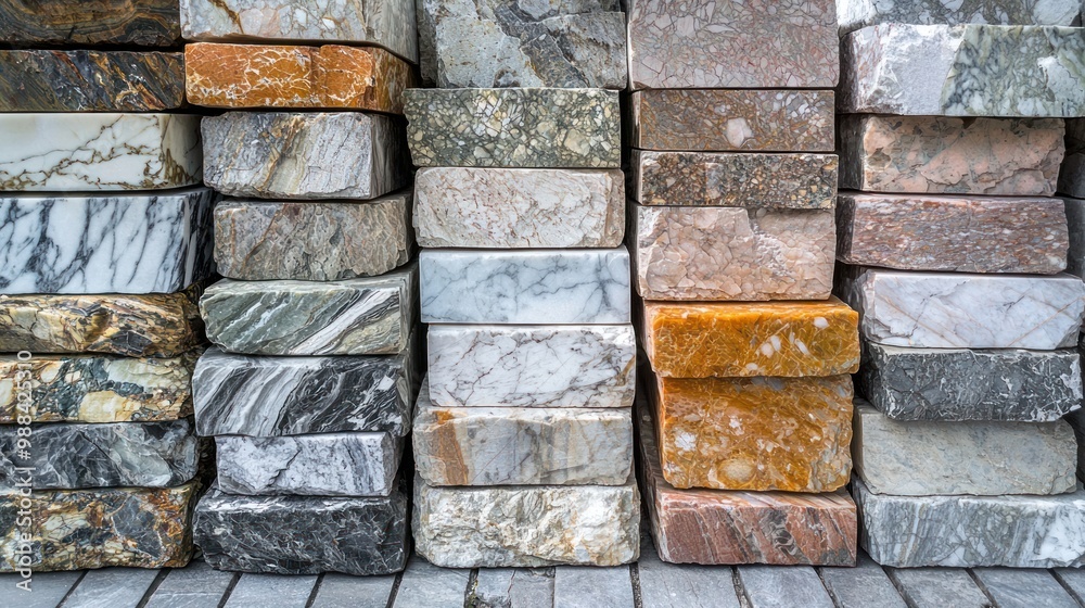 marble slabs stacked in a stone yard, showcasing different colors and ...