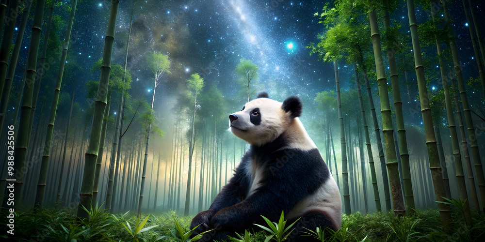 Giant panda sitting in bamboo forest, gazing up at the stars , Panda ...