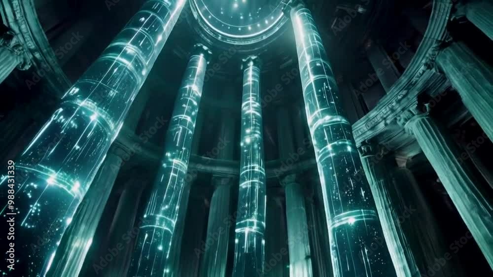 A futuristic interior featuring glowing columns and a high-tech ceiling ...