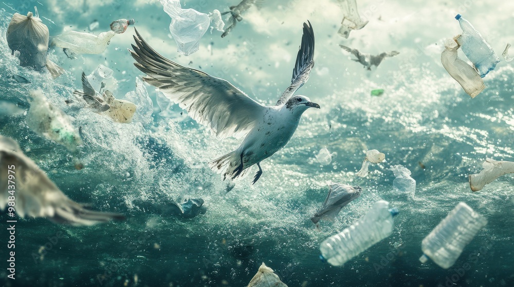 Seabird trapped in plastic waste floating in the ocean, struggling to ...