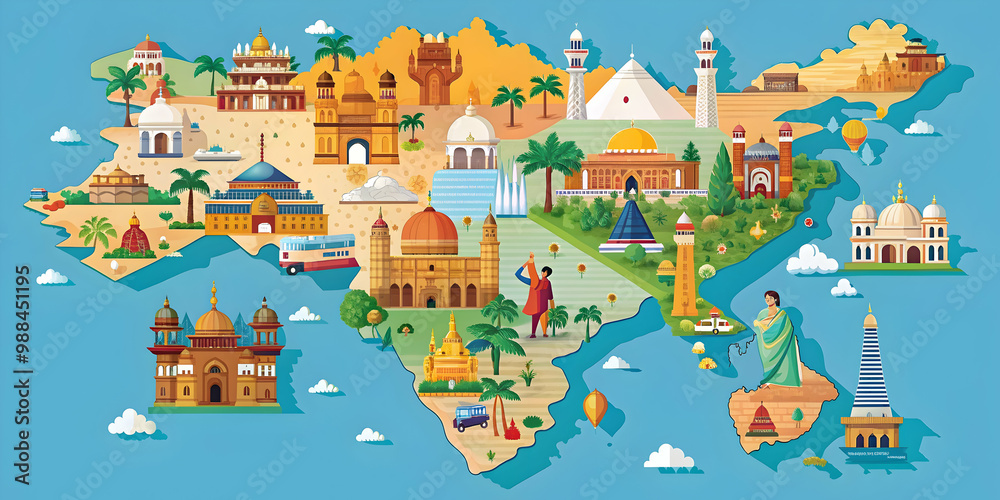 Illustrated map capturing iconic landmarks and cultural highlights of ...