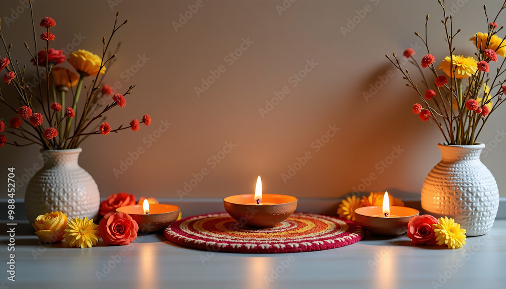 Traditional Diwali puja setup featuring diya lamps flower arrangements ...