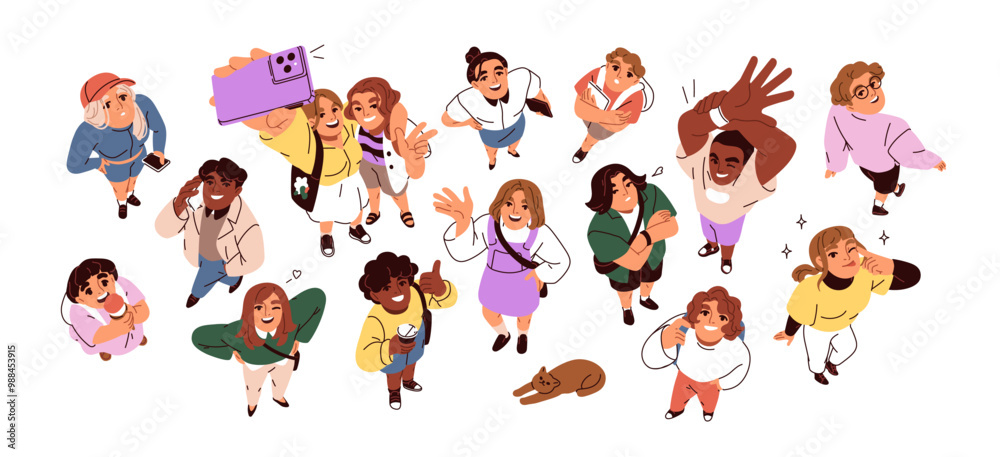 Top down view, happy people looking up. Characters heads, faces from ...