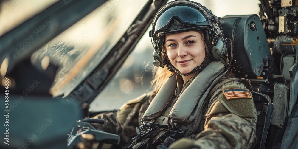 A confident female pilot smiles from the cockpit of an advanced ...