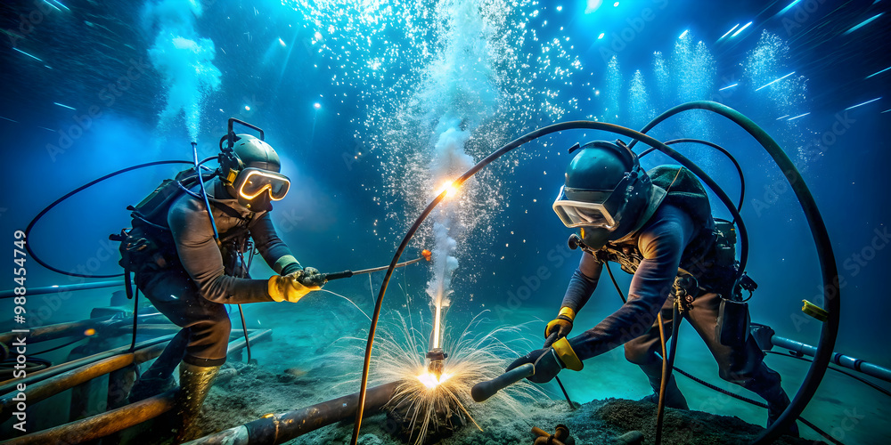 Sparks flying off wire as underwater welders work in the deep sea ...