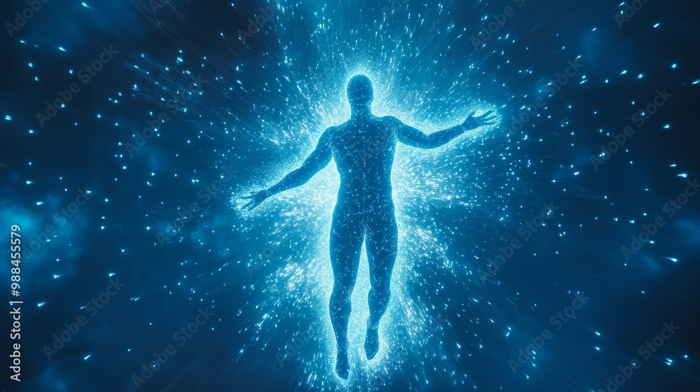 A futuristic capsule dissolving into radiant particles, which form a ...