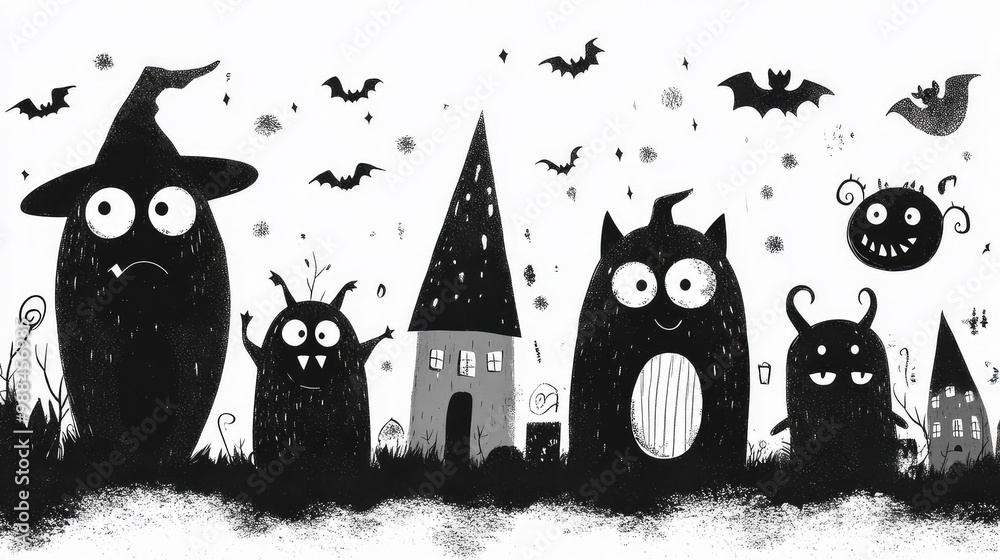 Adorable Black and White Halloween Illustration Featuring Cute Monsters ...