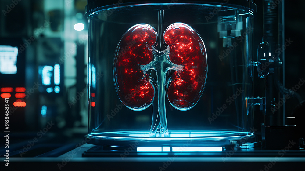Human kidneys in a bioengineered tank. Isolated dark backdrop. Organ ...
