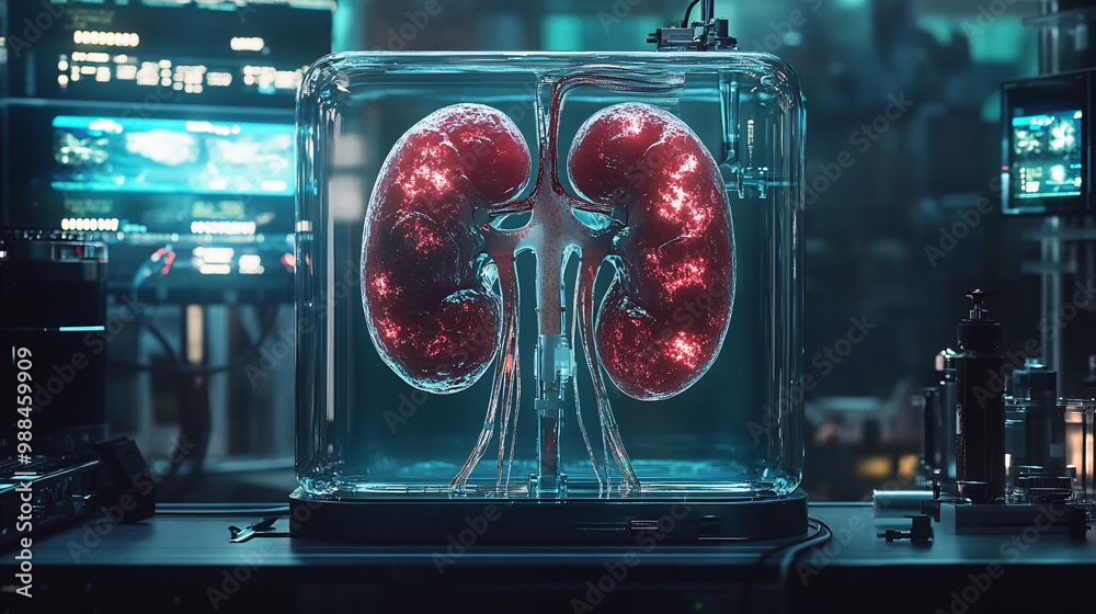 Human kidneys in a bioengineered tank. Isolated dark backdrop. Organ ...