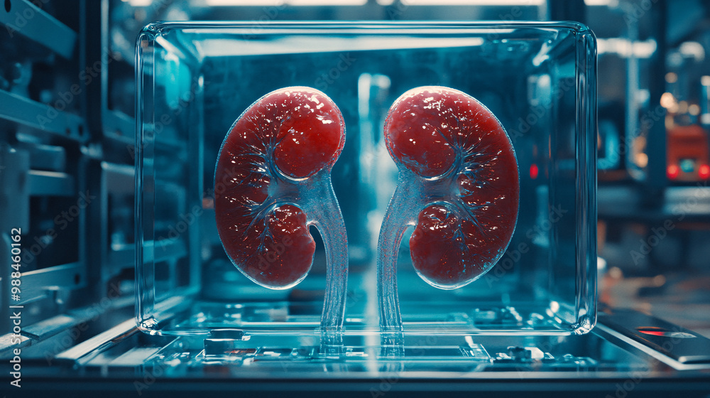 Human kidneys in a bioengineered tank. Isolated dark backdrop. Organ ...