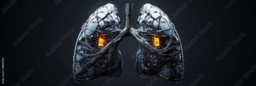 Human lungs encased in metal. Isolated dark setting. Bionic ...