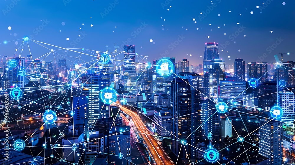 Vibrant city illuminated at night showcasing a network of ...