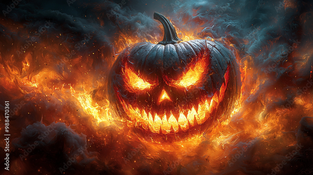 blazing pumpkin in a sea of fire, its wicked grin illuminating the ...