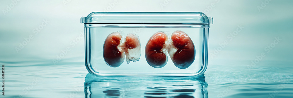 Kidneys. Human kidneys in a pristine medical container. Isolated somber ...