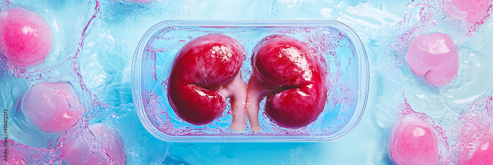 Kidneys. Human kidneys in a pristine medical container. Isolated somber ...