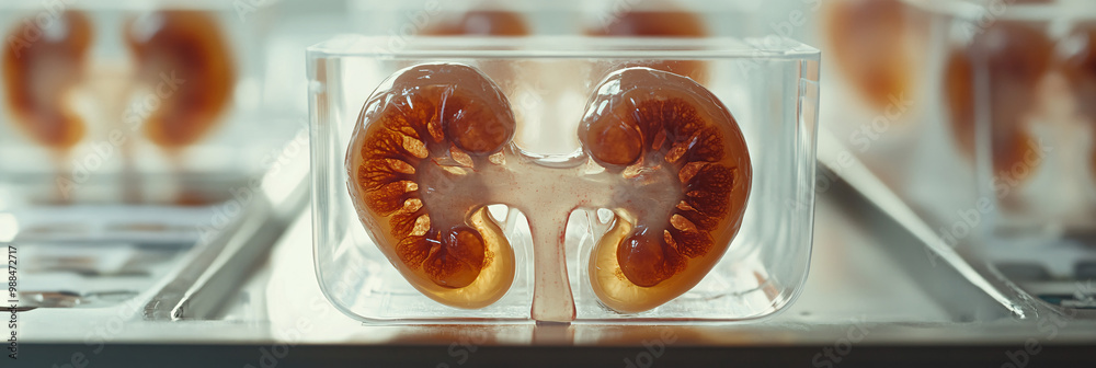 Kidneys. Human kidneys in a pristine medical container. Isolated somber ...