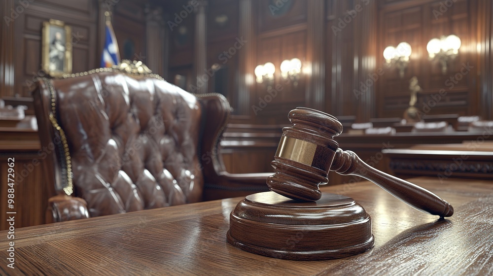 Court hammer displayed on a courtroom podium with a focus on its design ...