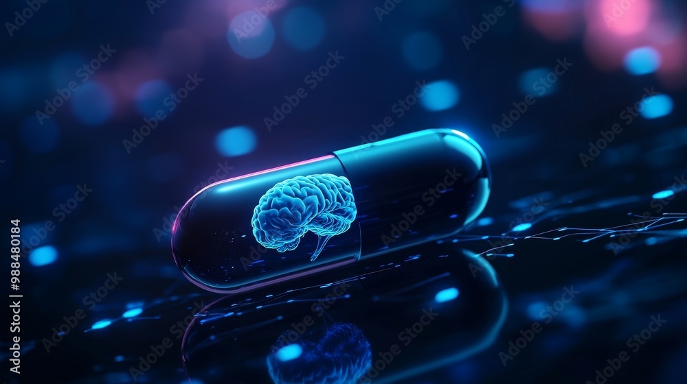 Futuristic capsule on a glossy surface, anatomy hologram floating in ...