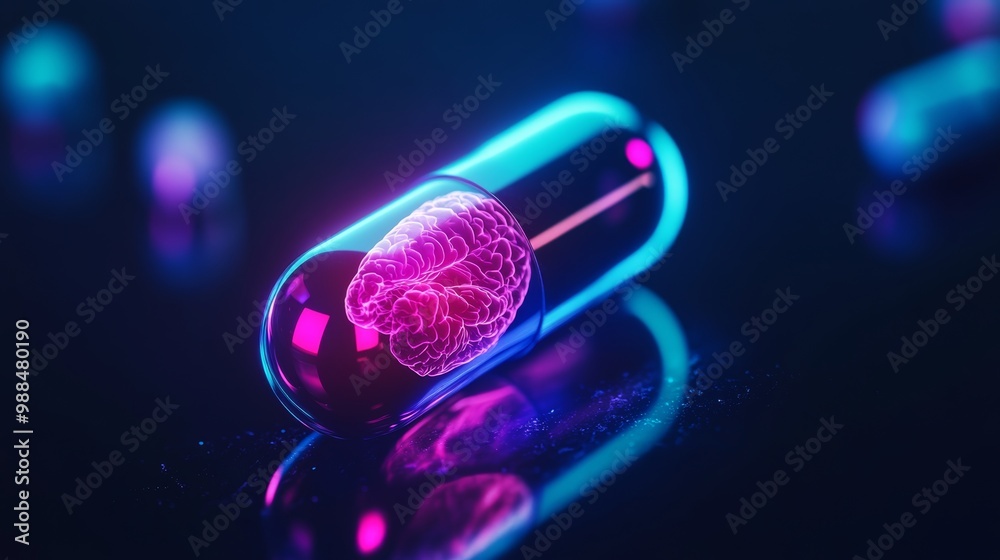 Futuristic capsule on a glossy surface, anatomy hologram floating in ...