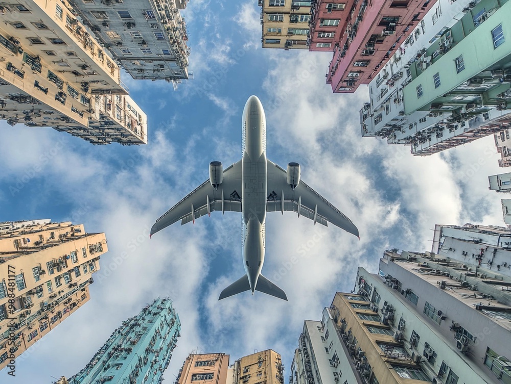 Plane flying over skyscrapers, blue sky, view from below and colored ...