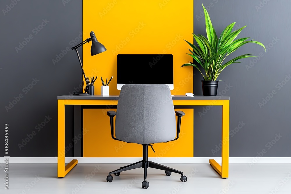 Mustard yellow and grey color palette, used in a minimalist home office ...