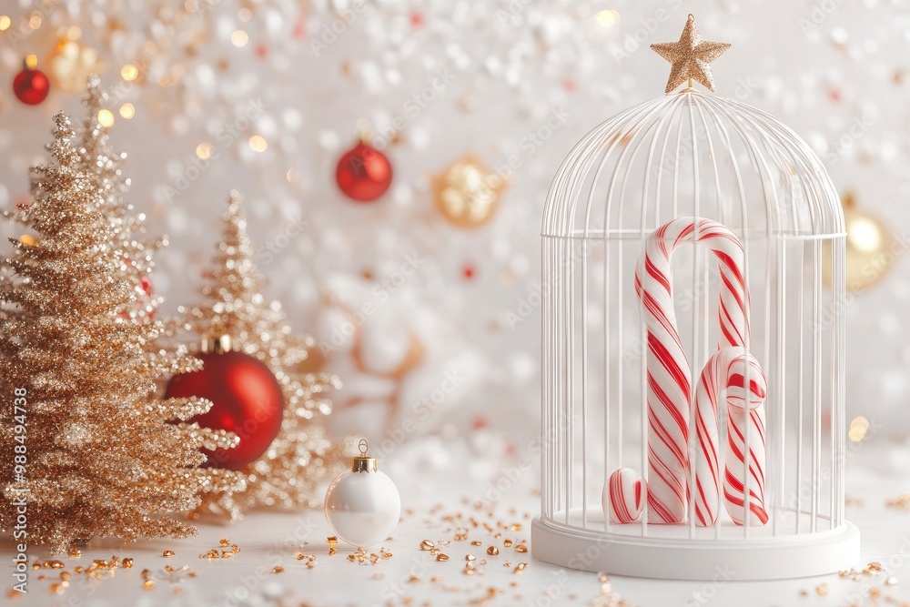 A candy cane inside a glass cage displayed with few sparkling baubles ...