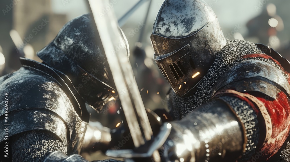 Dynamic scene of medieval knights engaged in combat, showcasing detailed armor and swords. The ...