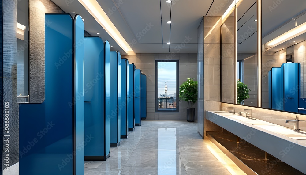 Modern commercial restroom design featuring blue cubicles, touchless ...