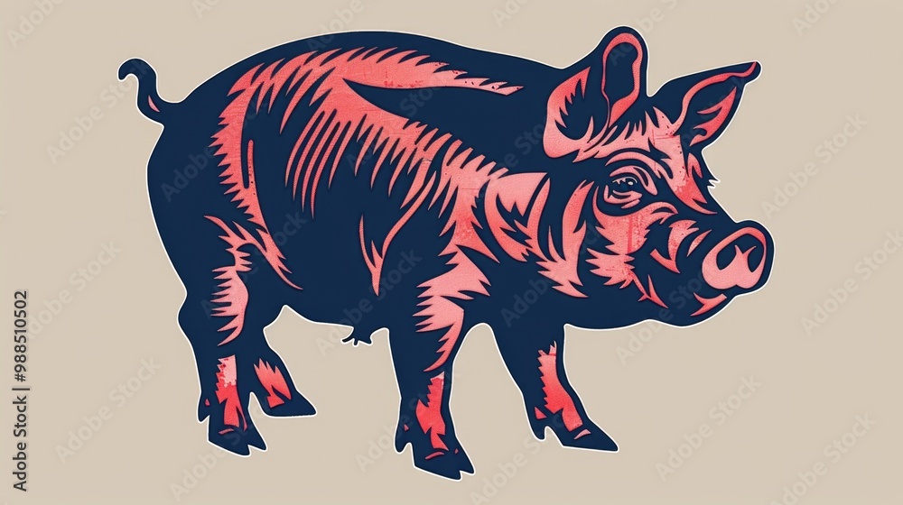 Cartoon illustration of a red pig with black eyes and ears, commonly ...