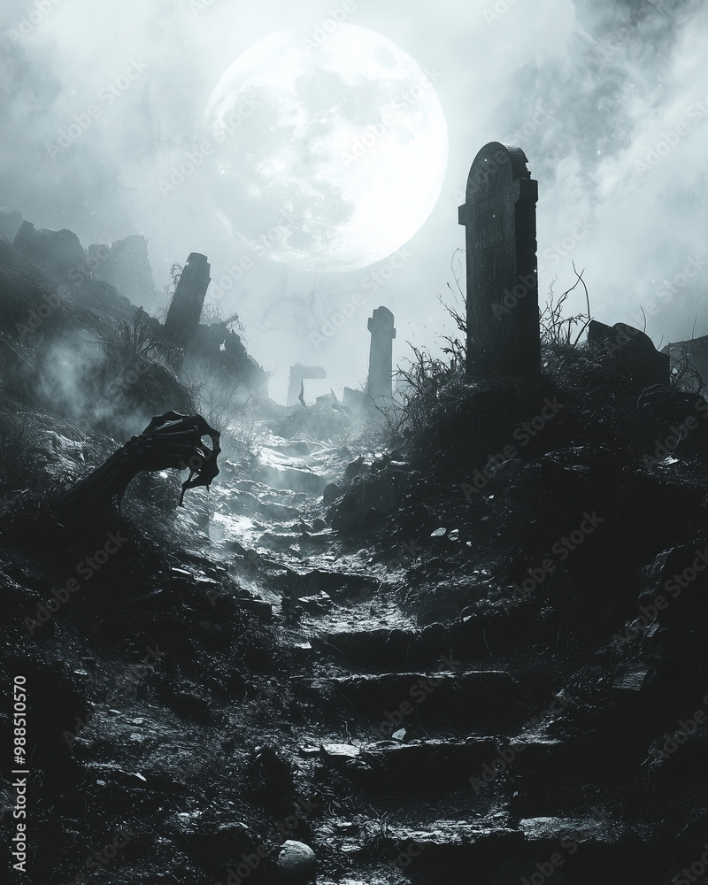eerie cemetery path under a massive moon, ancient stones and withered ...