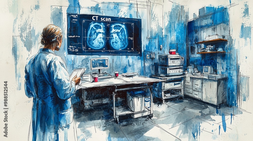 This image features a doctor reviewing CT scan results in a cutting ...