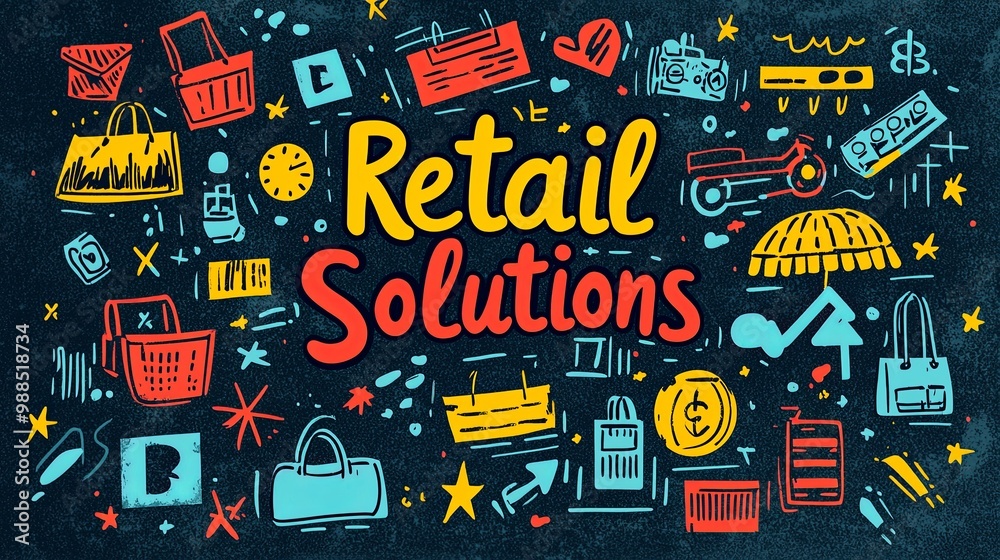 Bright and colorful 'Retail Solutions' text illustration featuring ...