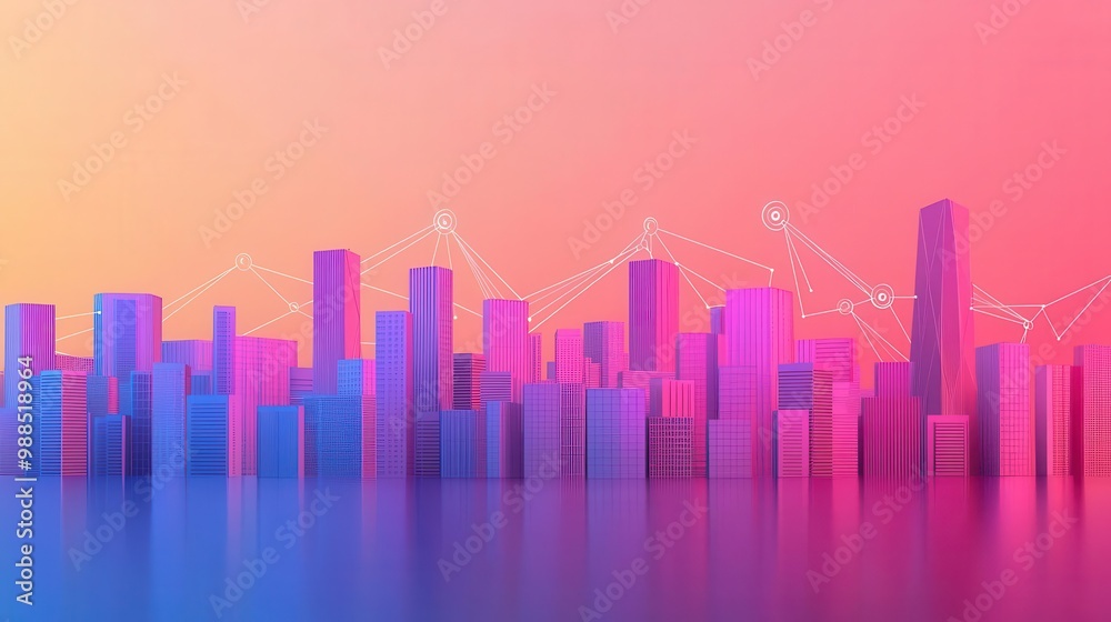 Polygonal cityscape with wireless signals connecting buildings, smart ...
