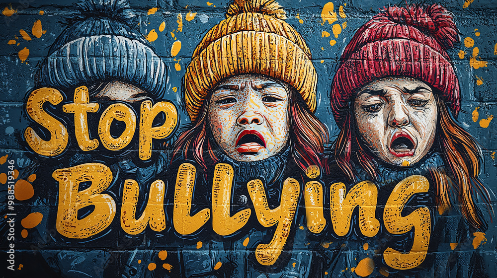 Vivid street art mural depicting three children with winter hats and ...