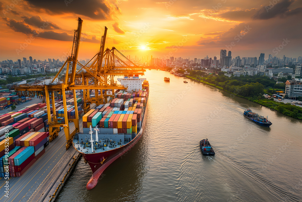 Cargo ship docked at a port with container cranes loading containers at ...