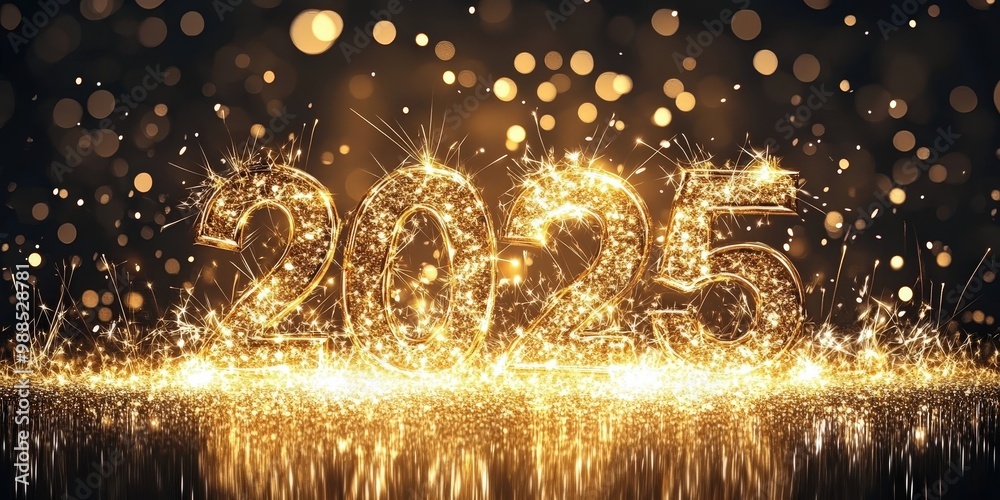 The image shows the year 2025 in sparkling gold with sparks and glitter ...
